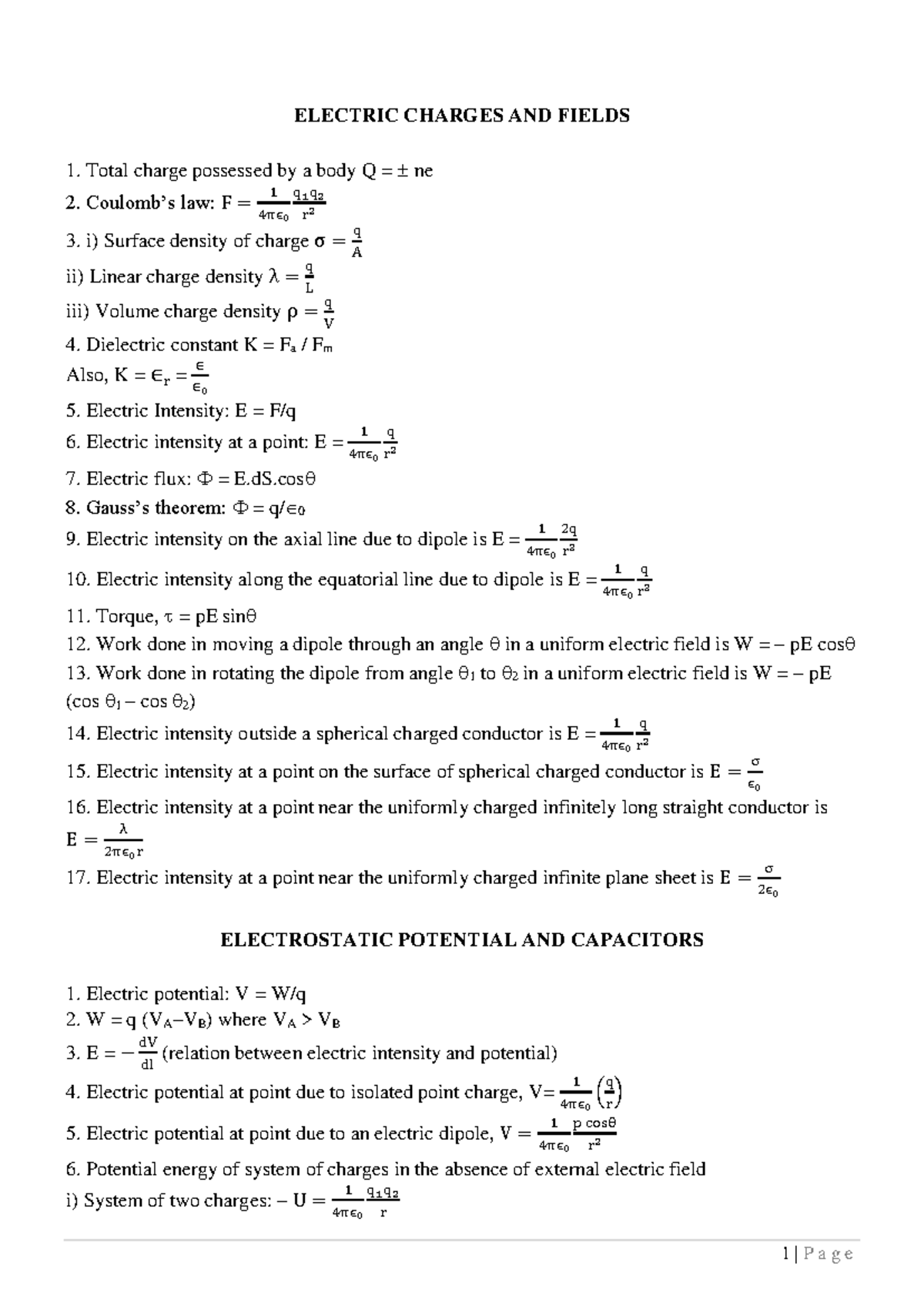 Class 12 Physics formulas 241210 203923 - ELECTRIC CHARGES AND FIELDS 1. Total charge possessed ...