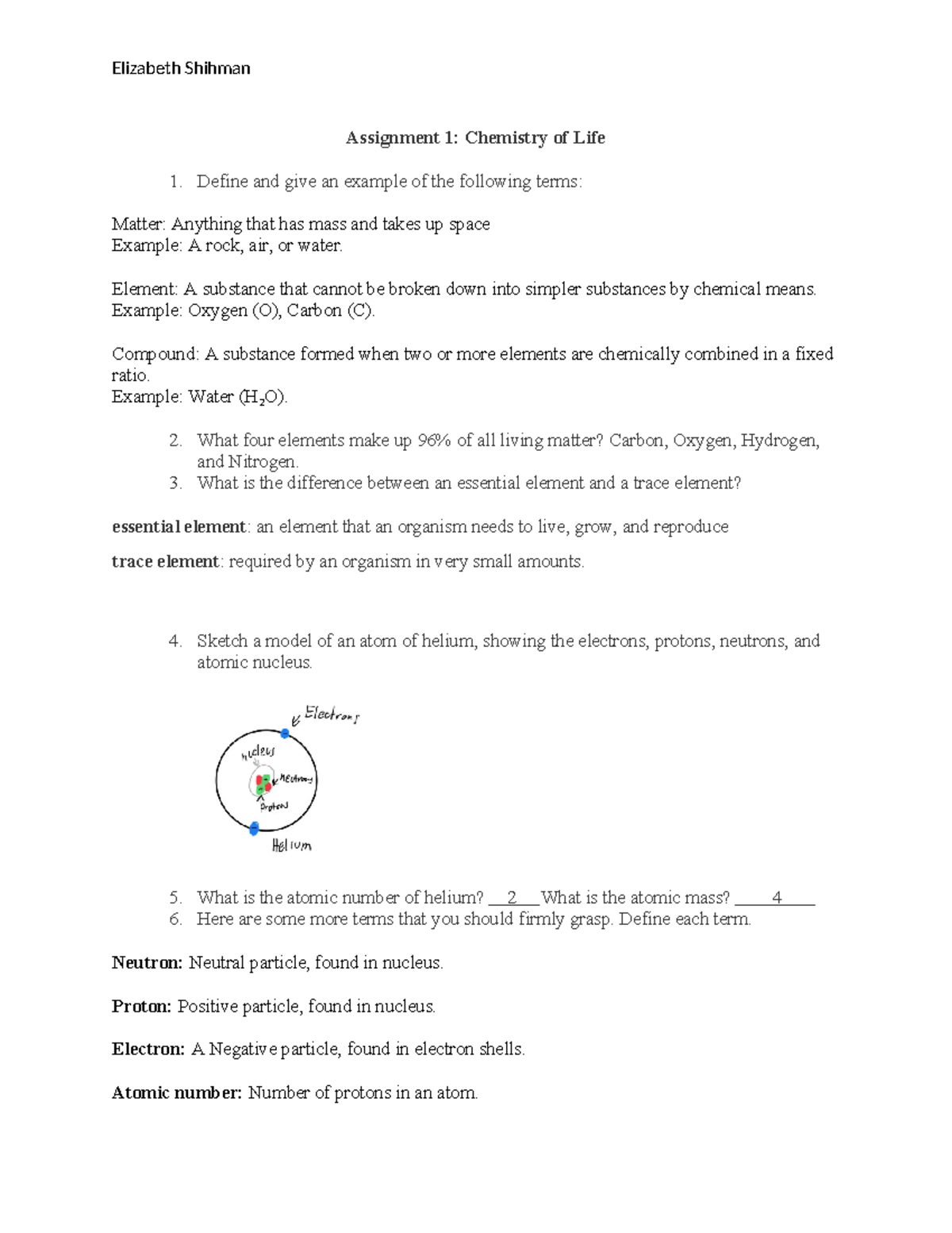 Assignment 1: Chemistry of Life (CH 1) - Key Concepts & Definitions ...