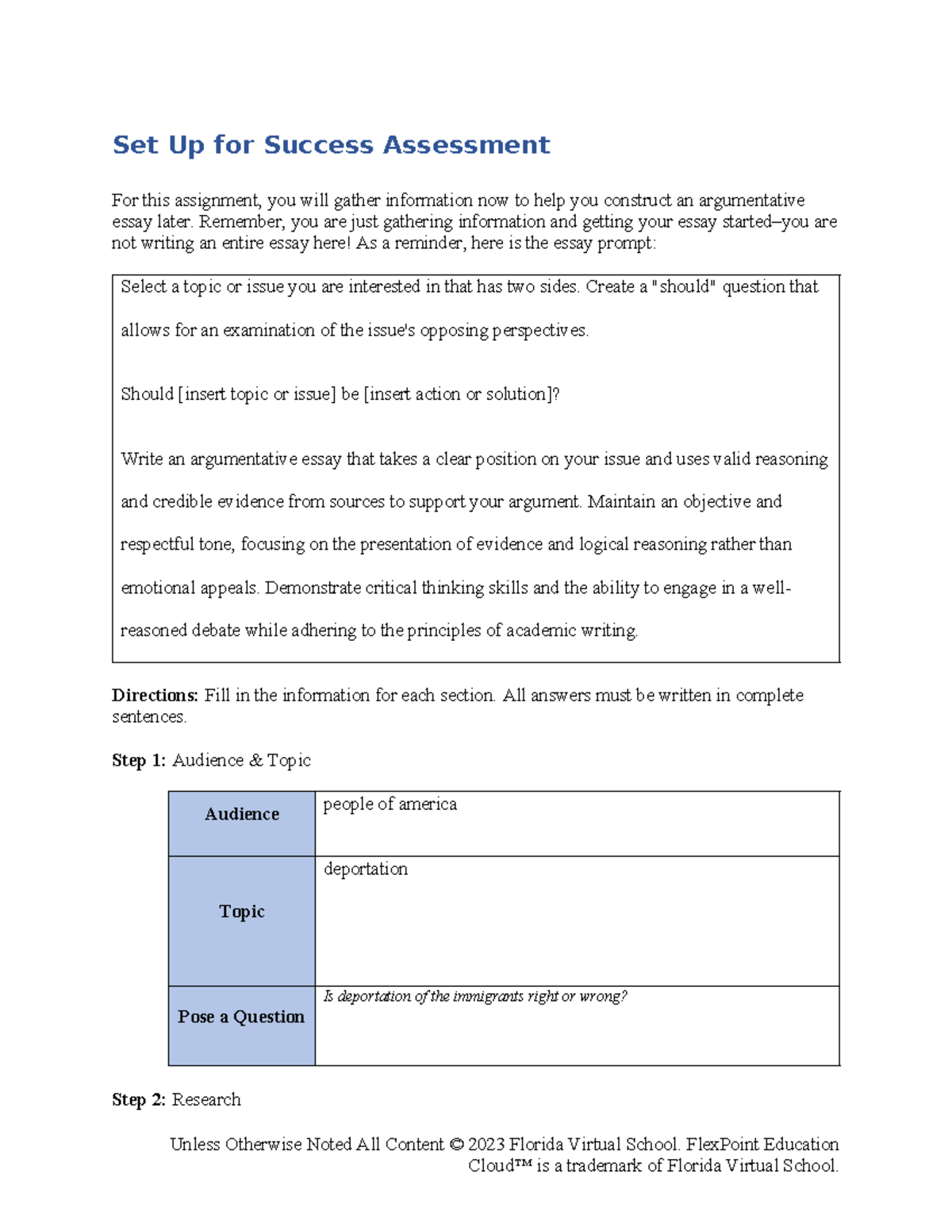 Set up for success assess rubric - Set Up for Success Assessment For ...