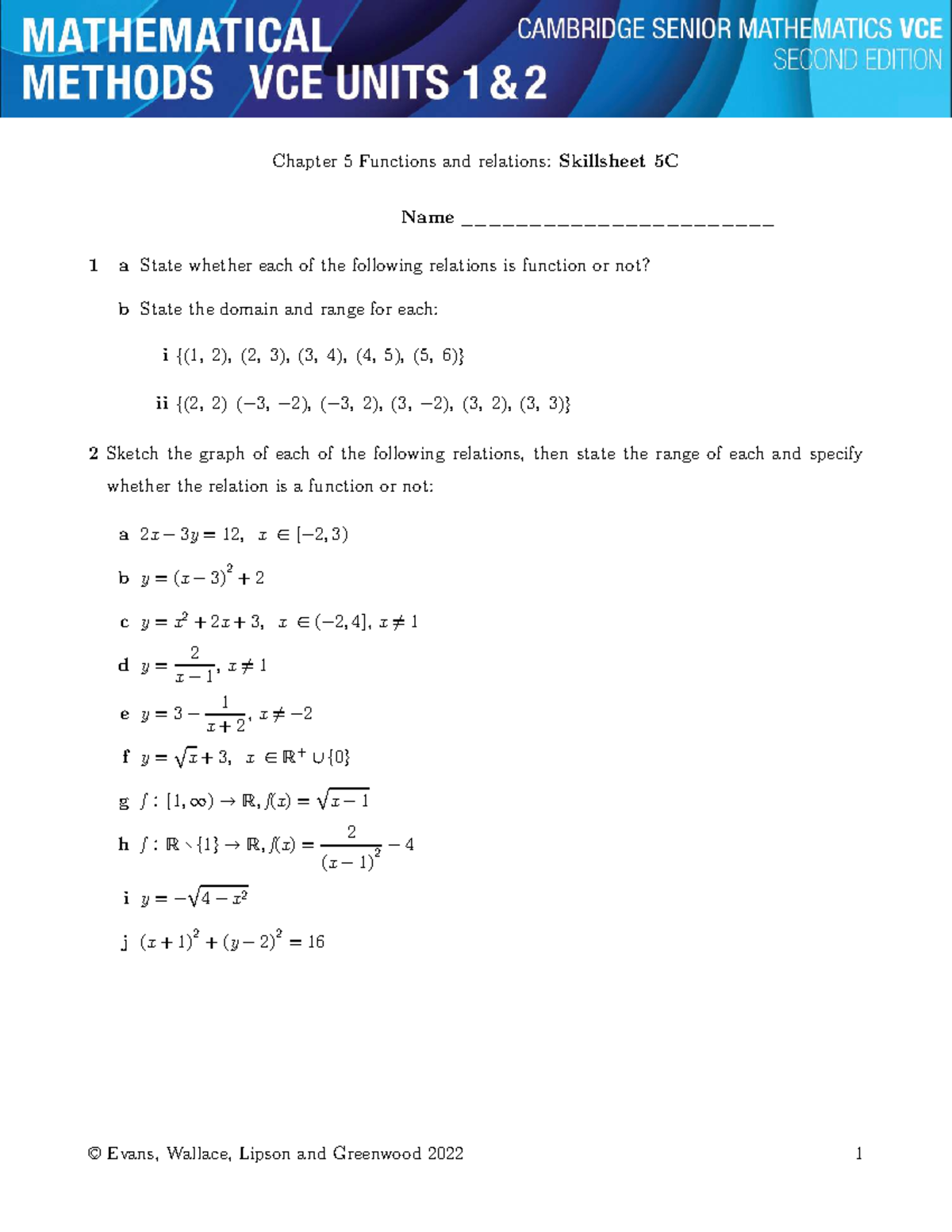 Ch5 Functions & Relations: Skillsheet 5C Analysis and Graphs - Studocu