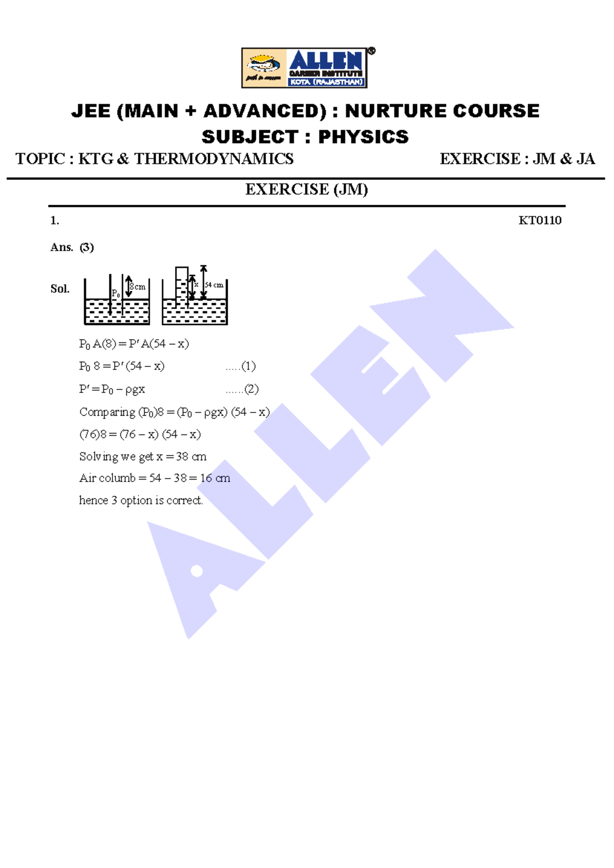 JEE (MAIN ADVANCED) : PHYSICS KTG THERMODYNAMICS EXERCISE SOLUTIONS ...