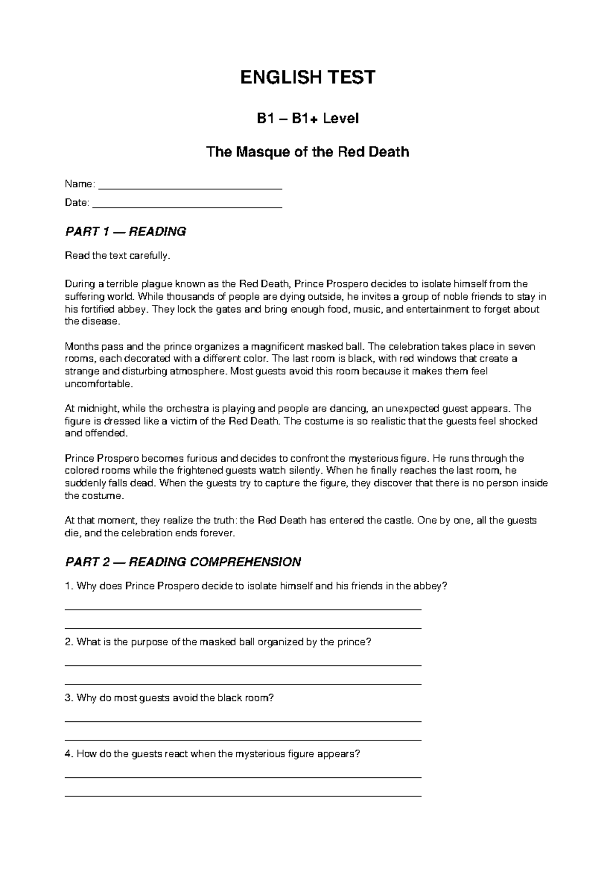 English Test B1: The Masque of the Red Death Analysis and Comprehension ...