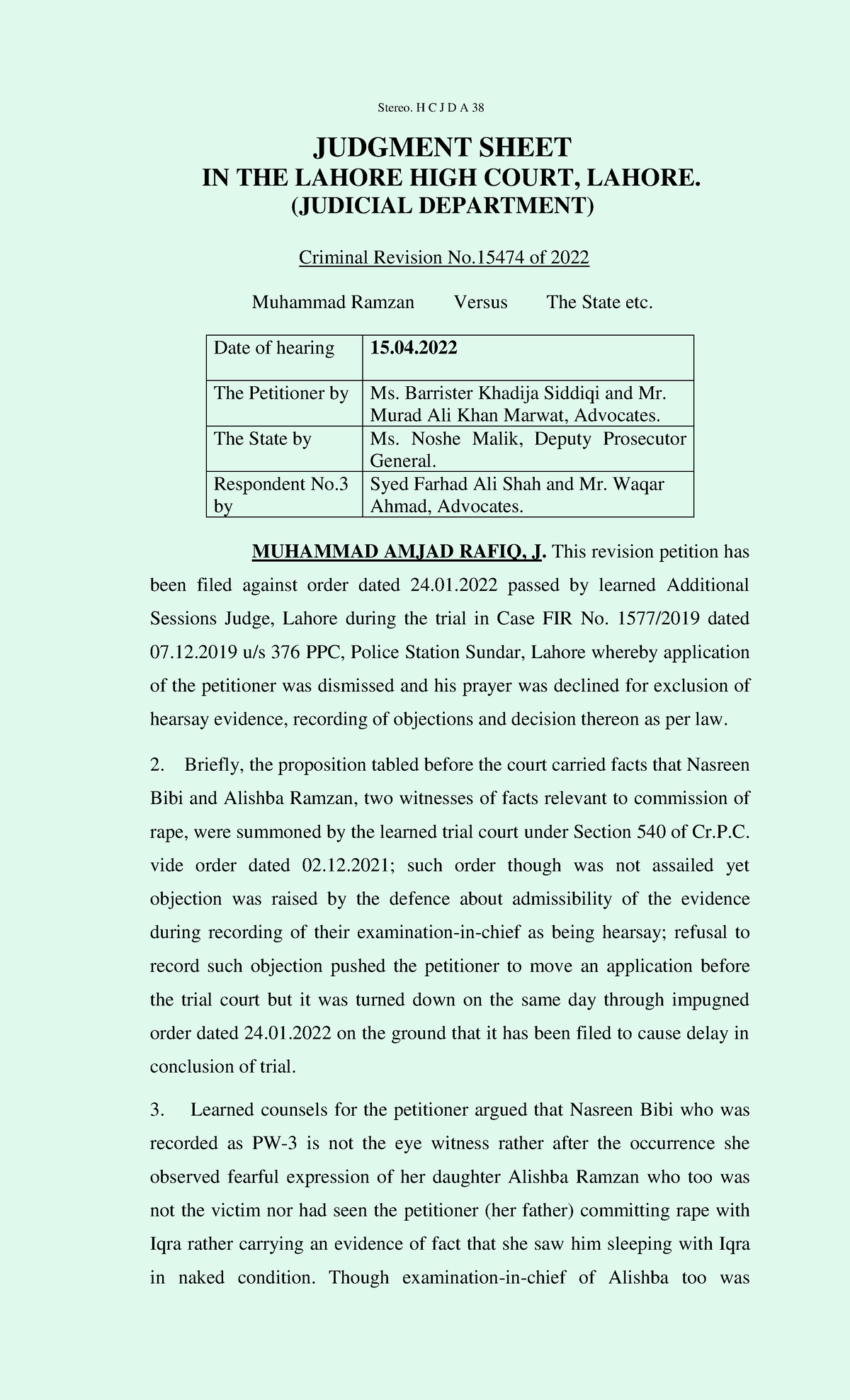 Criminal Revision No.15474 of 2022: Admissibility of Evidence in Rape ...
