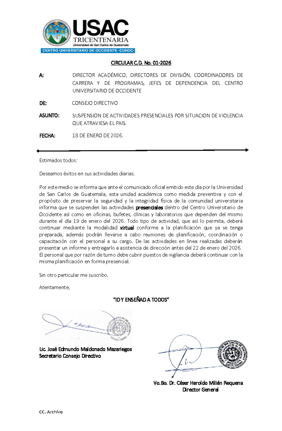 CIRCULAR C.D. No. A: SUSPENSIÓN DE ACTIVIDADES PRESENCIALES - CD 1-2026 ...