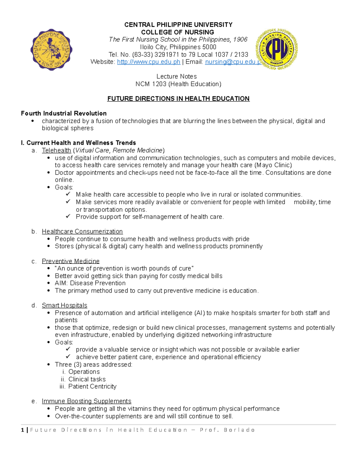 NCM 1203 Future Directions in Health Education Lecture Notes - Studocu