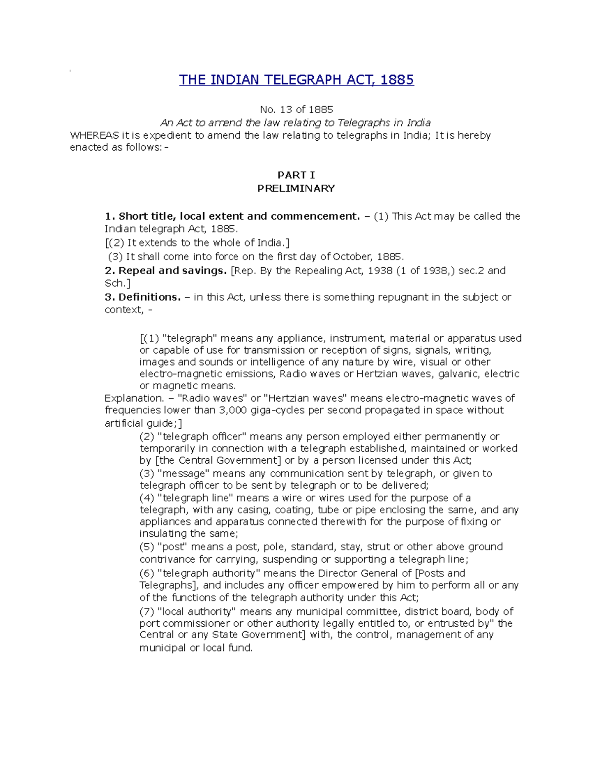 Indian Telegraph Act, 1885: Full Text and Provisions Analysis PDF - Studocu