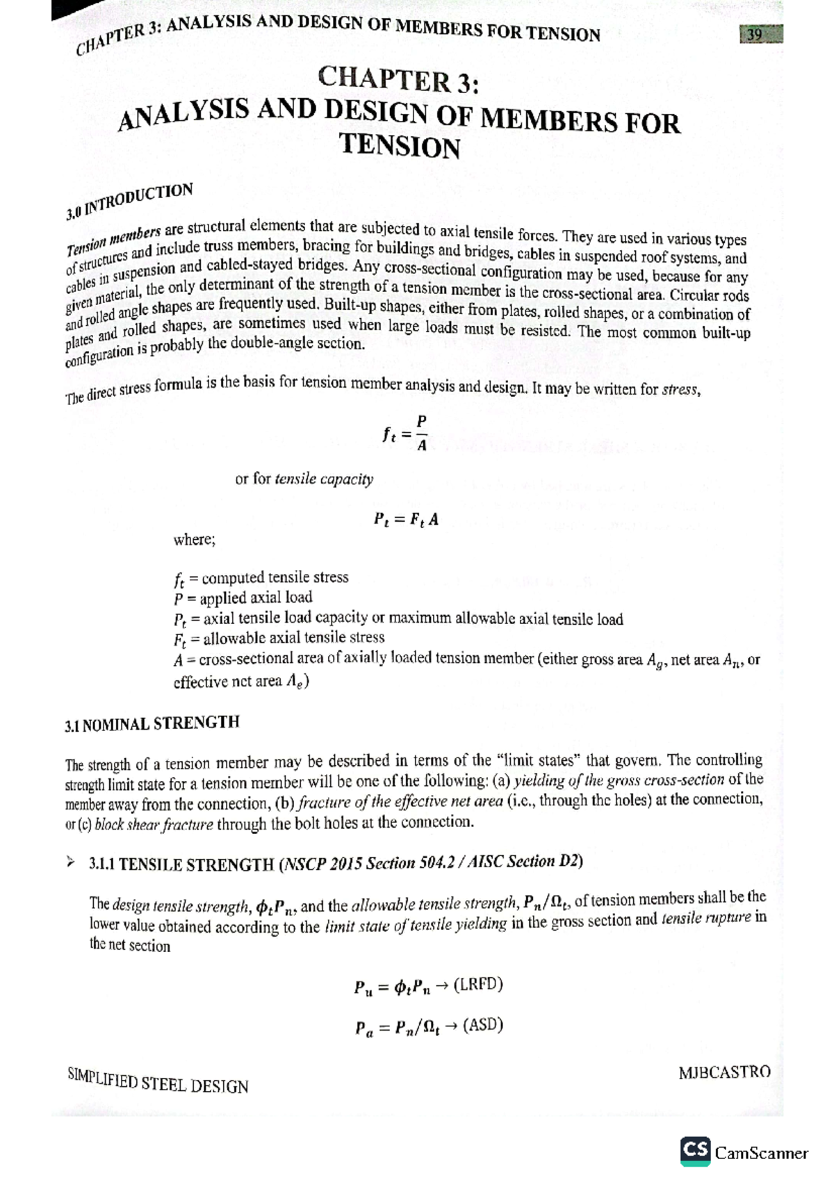 Simplified Steel Design MJBCASTRO - Chapter 3: Tension Member Analysis ...