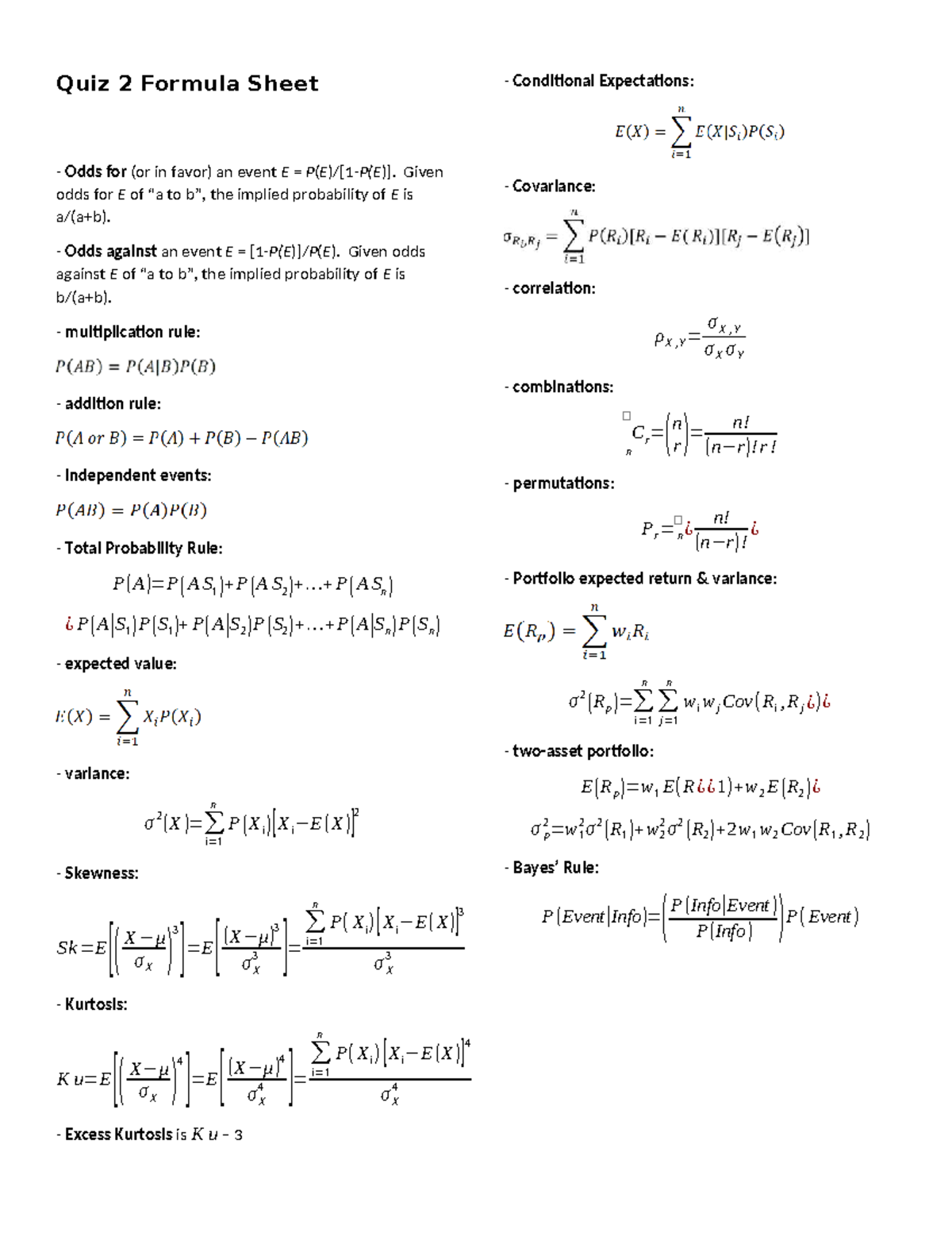 Quiz 2 Formula Sheet: Conditional Expectations and Probabilities - Studocu