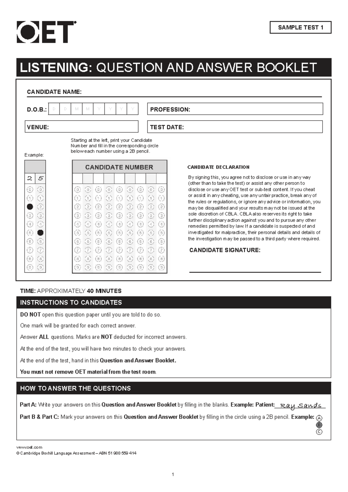 OET SAMPLE TEST 1: LISTENING & READING QUESTION BOOKLET - Studocu