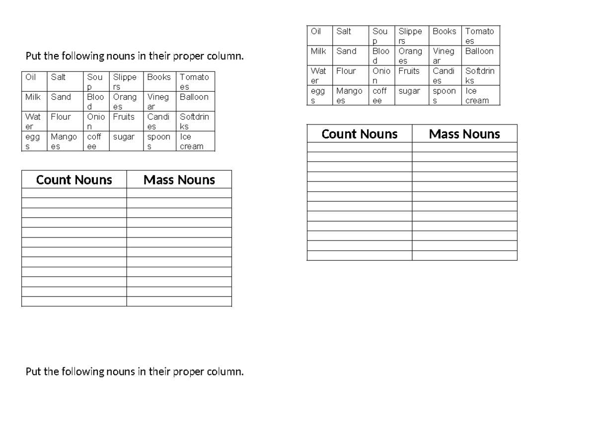 Count and Mass Nouns Classification Exercise - Studocu