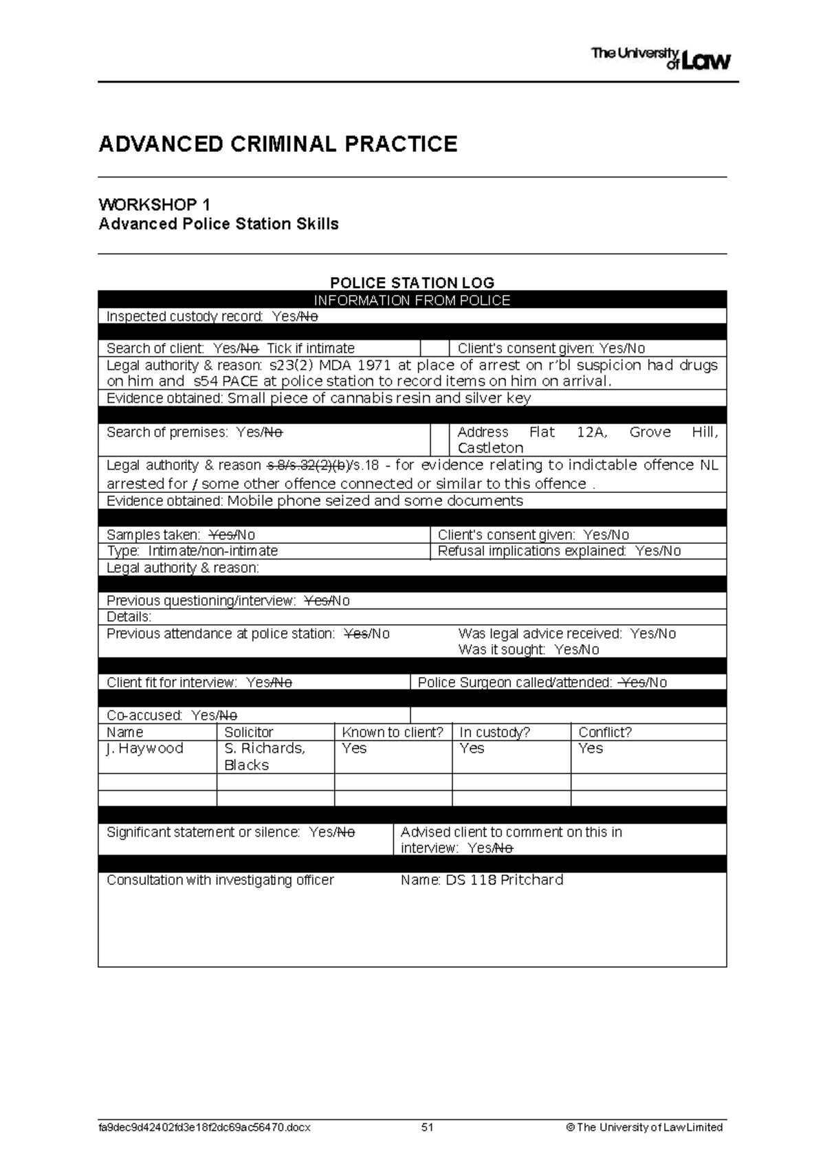 ADVANCED CRIMINAL PRACTICE WS01: Police Station Log & Case Narrative ...