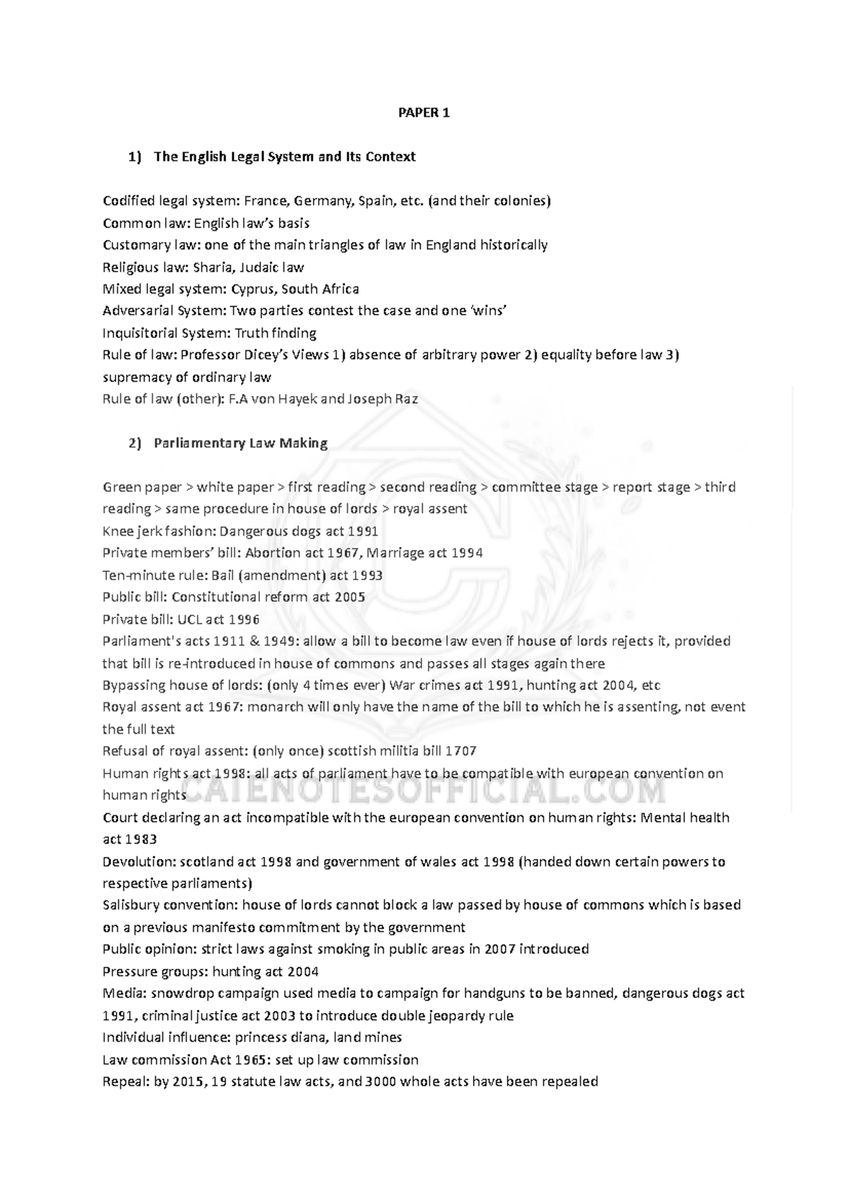 Law Notes - English Legal System and Parliamentary Law (LAW101) - Studocu
