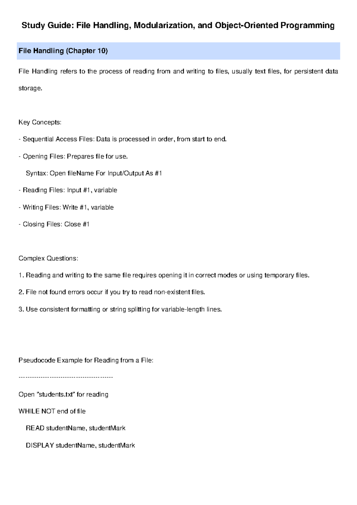Study Guide: File Handling & Modularization (Chapter 9 & 10) - Studocu