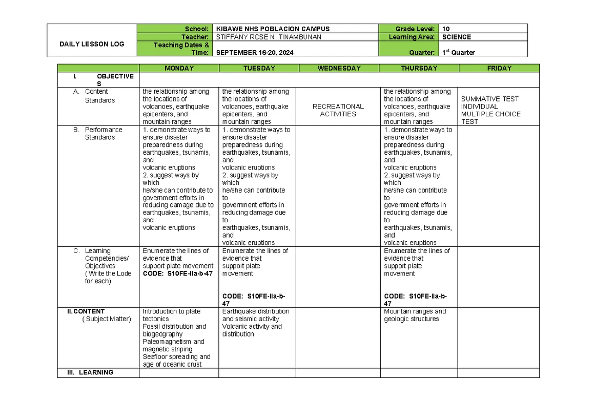 Science 10 Wk2 - Daily Lesson Log on Plate Tectonics and Volcanoes ...