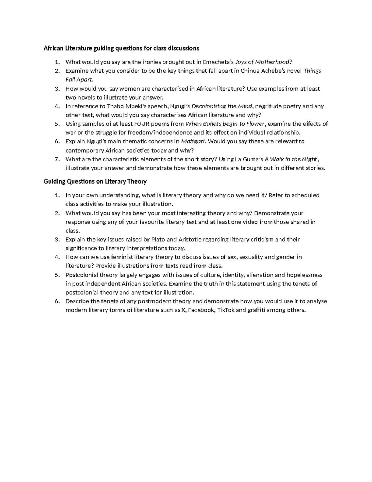 African Literature Discussion Questions for Class Engagement - Studocu