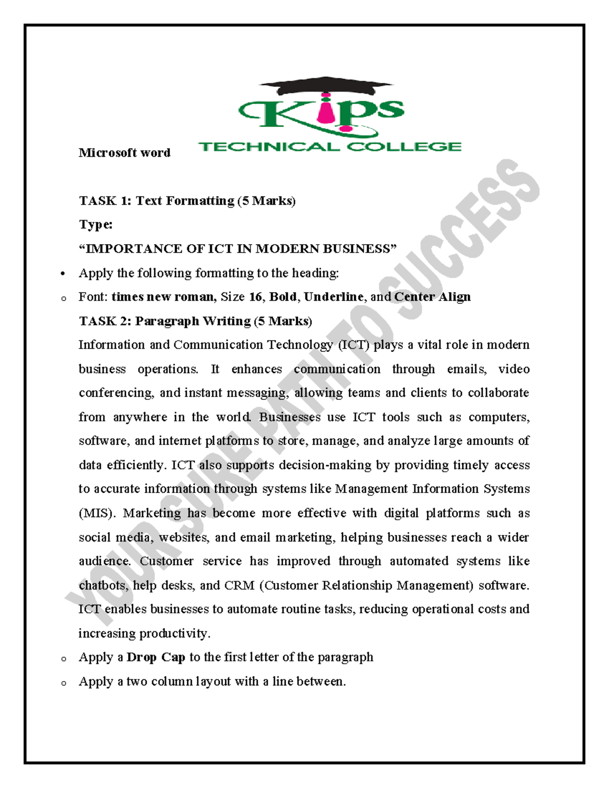 Microsoft Word Task 1: Text Formatting & ICT Applications - Studocu