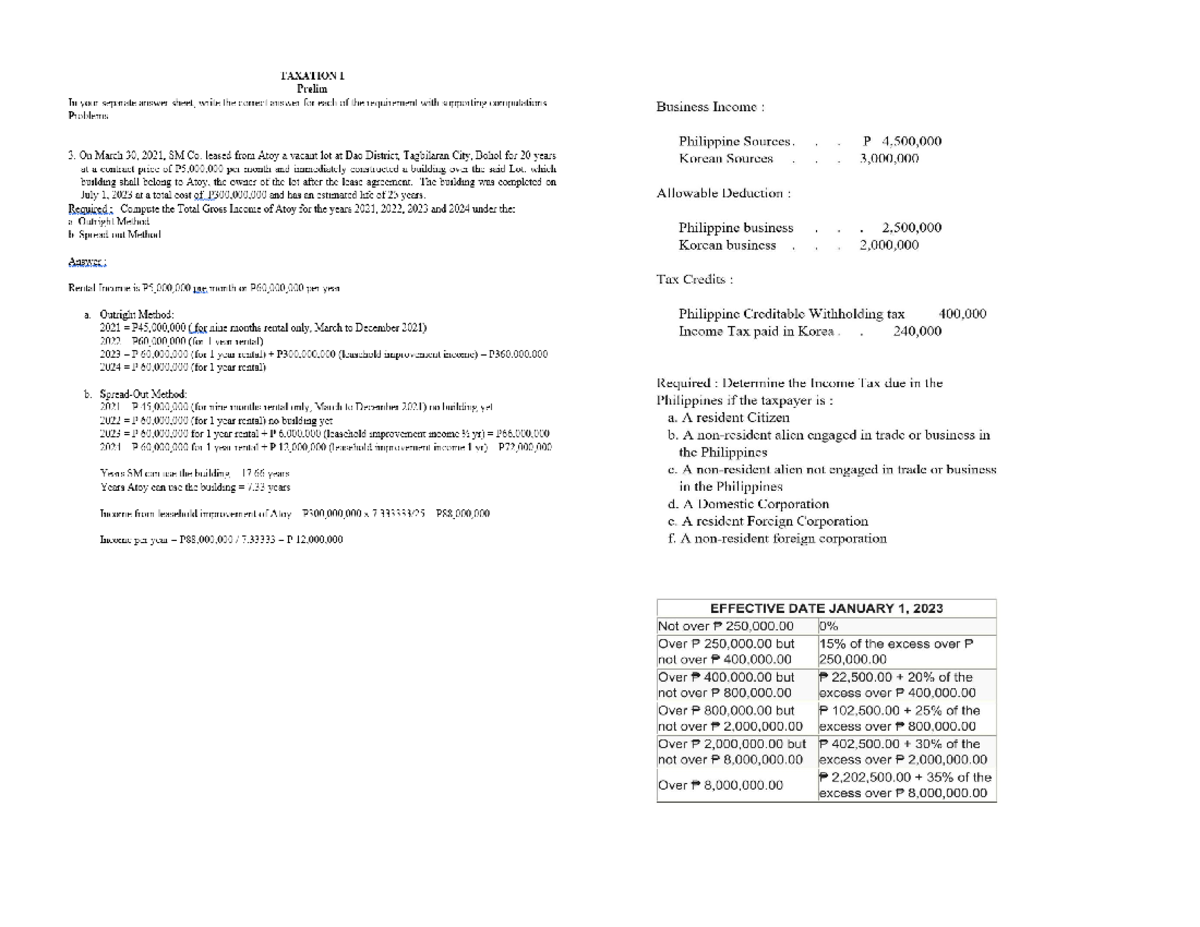 Taxation 1 Prelim: Income Computation and Tax Due Analysis - Studocu