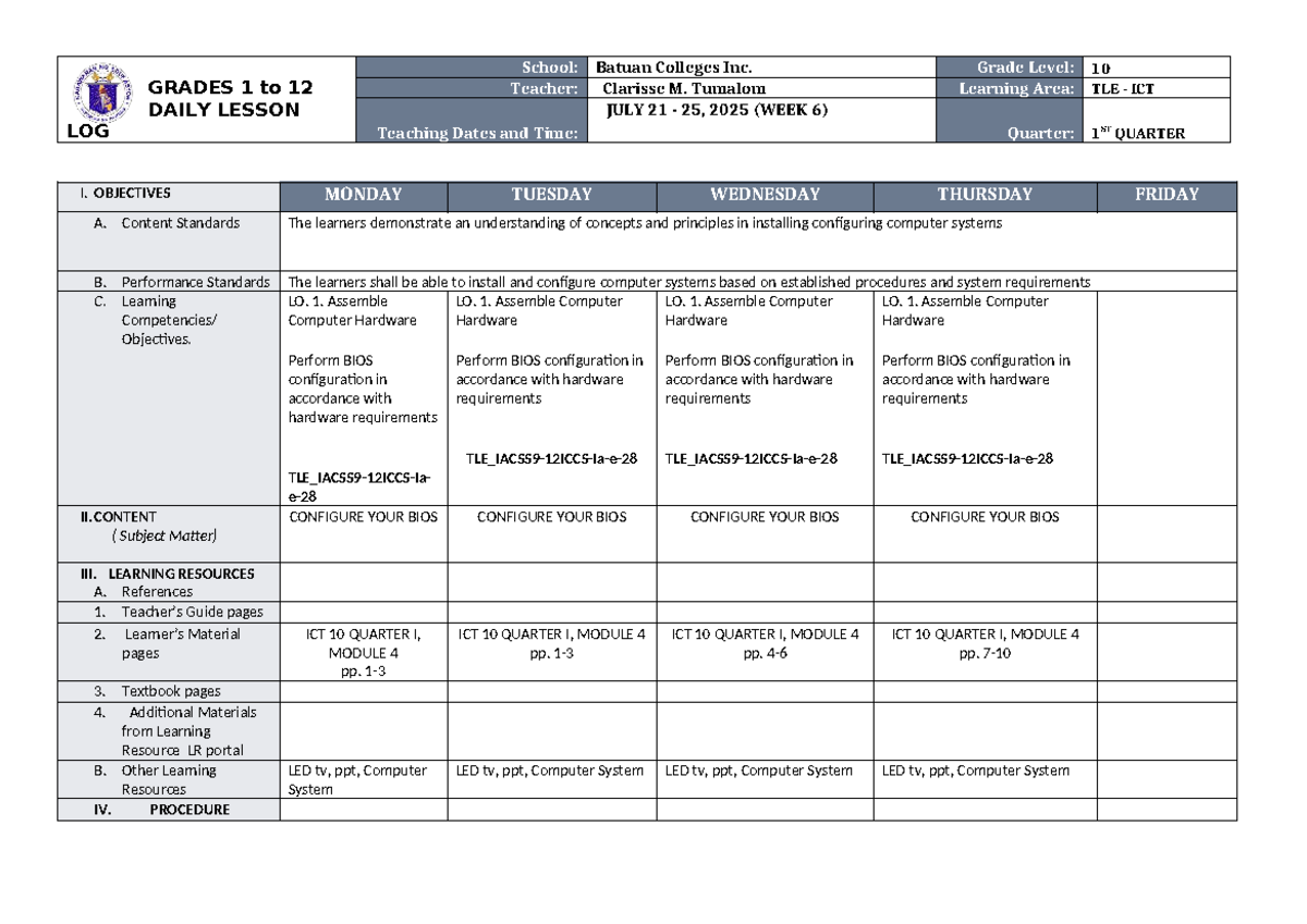 TLE 10 Quarter 1 Week 6 Daily Lesson Log: BIOS Configuration - Studocu