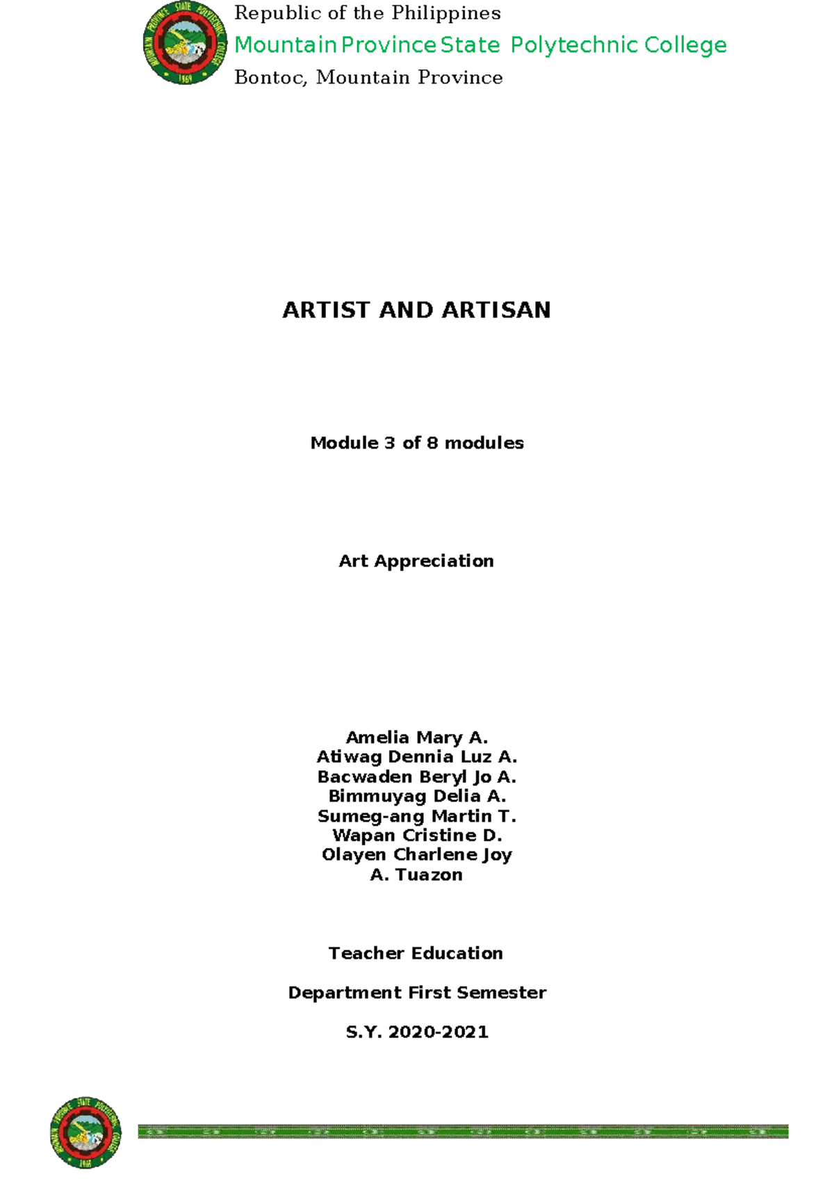 Module 3: Artist and Artisan in Art Appreciation (ARTIST 101) - Studocu