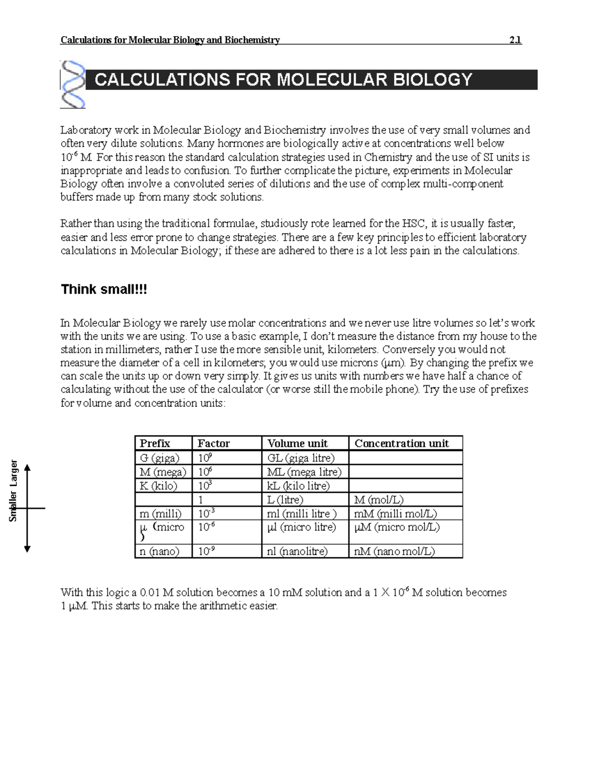 Calculations in Molecular Biology & Biochem (Course Code: MBC 101 ...