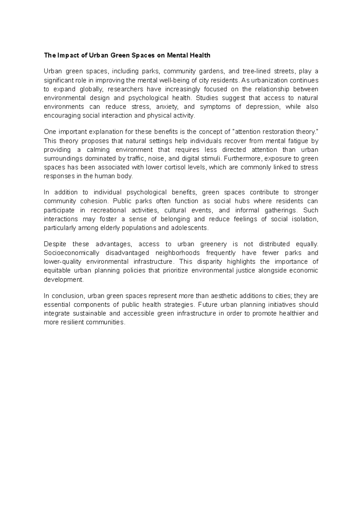 The Role of Urban Green Spaces on Mental Health and Well-Being - Studocu