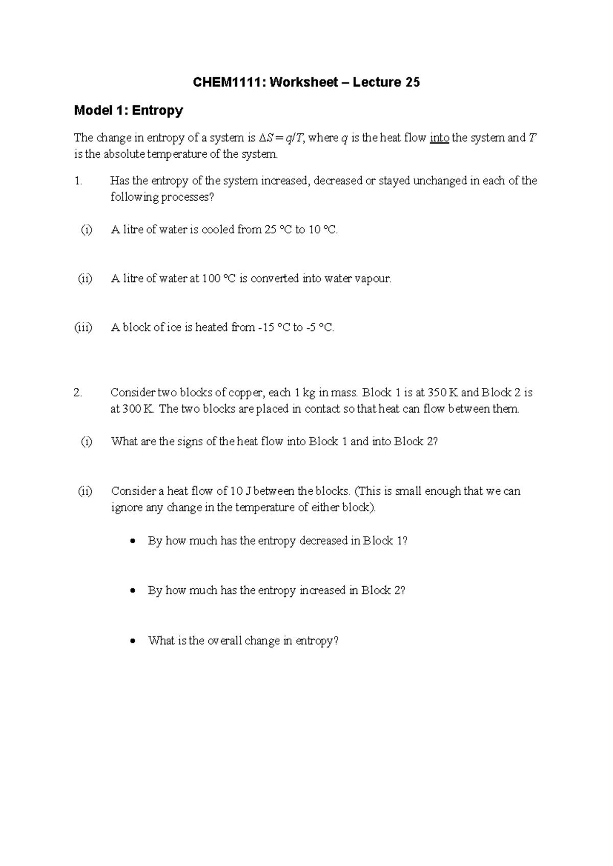 Worksheet 25: Entropy Changes & 2nd Law of Thermodynamics - Studocu