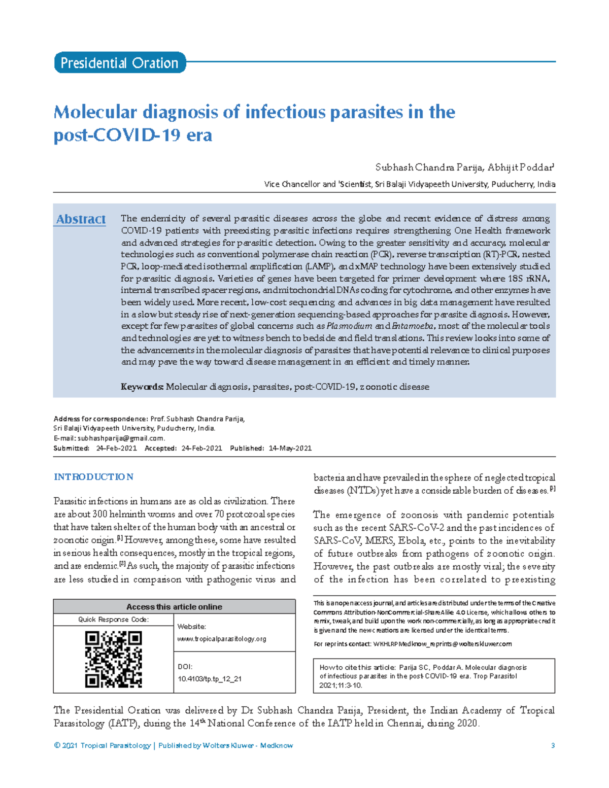 Molecular Diagnosis of Infectious Parasites: Advances and Challenges ...