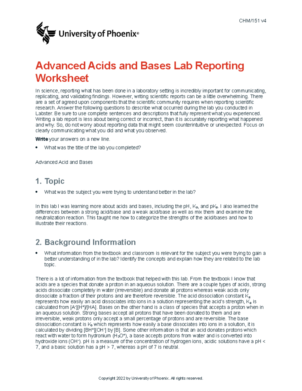 Lab Report: CHM/151 Advanced Acids and Bases Experiment - Studocu