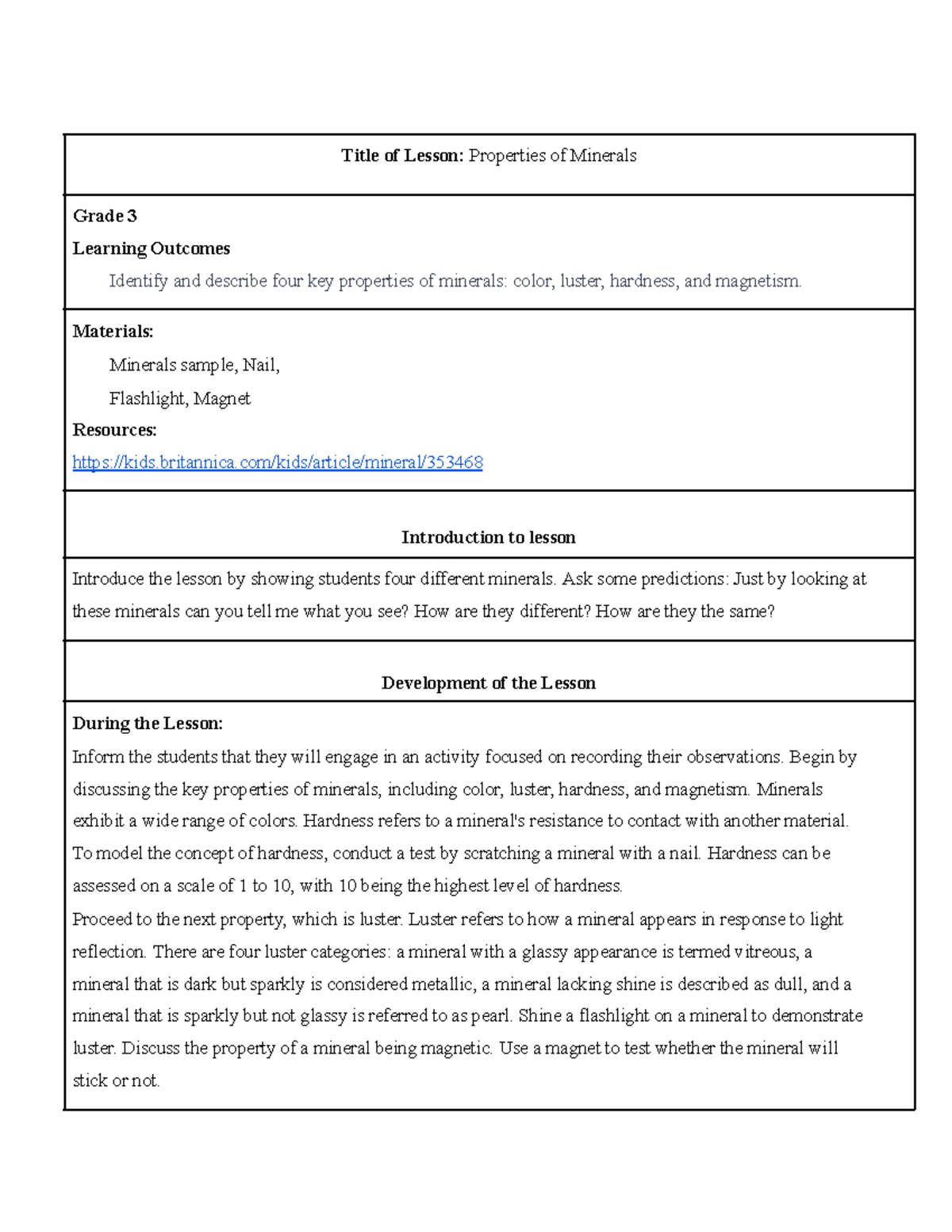 Grade 3 Lesson Plan: Exploring Properties of Minerals - Studocu