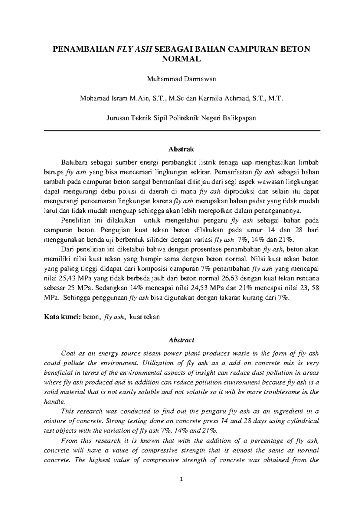 PENGARUH FLY ASH PADA KUAT TEKAN BETON NORMAL (TEKNIK SIPIL) - Studocu
