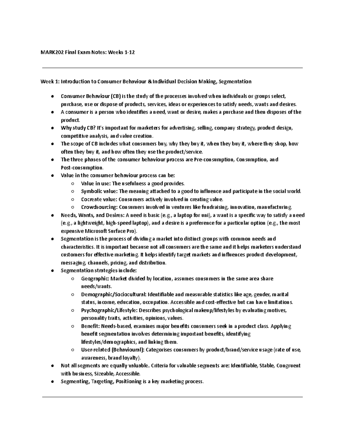 MARK202 Final Exam Summary: Key Concepts from Weeks 1-12 - Studocu