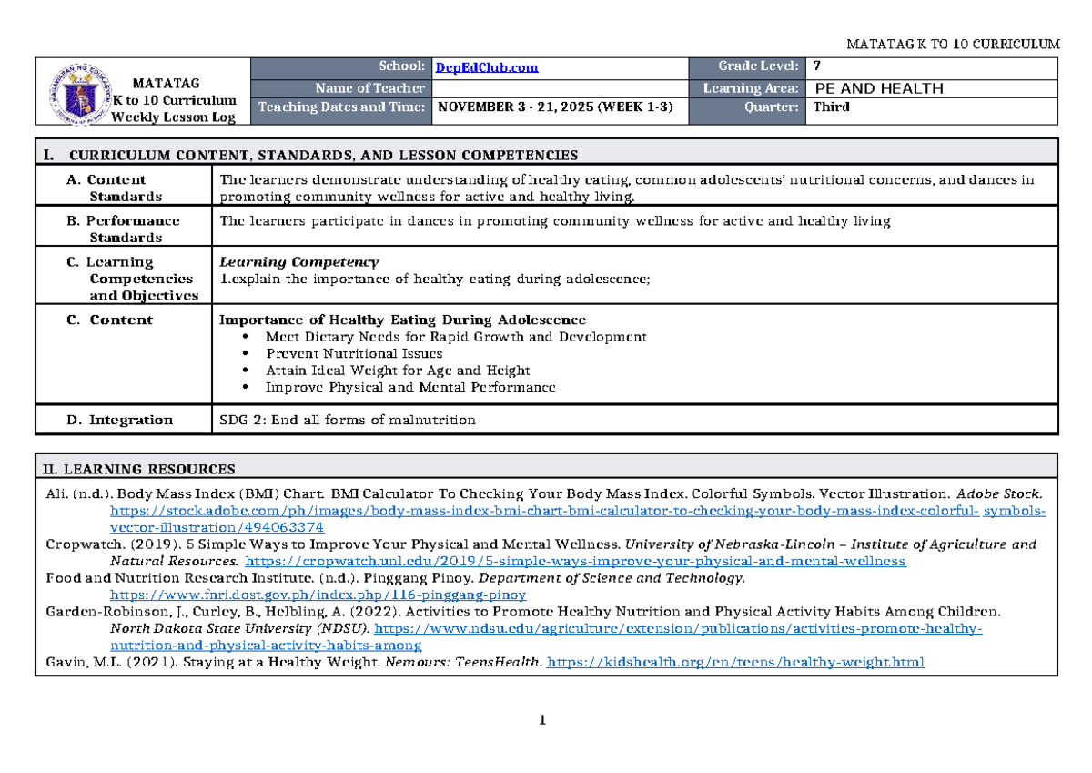 DLL Matatag PE & Health 7 Q3 Weekly Lesson Log (Nov 2025) - Studocu