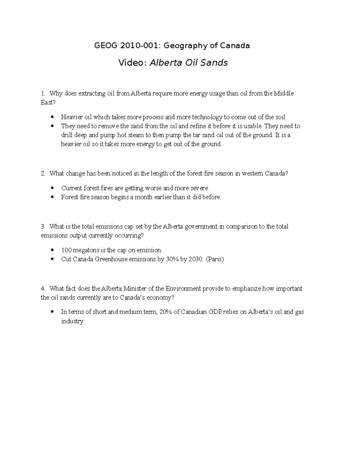 Video Questions - Alberta Oil Sands - GEOG 2010-001: Geography of ...