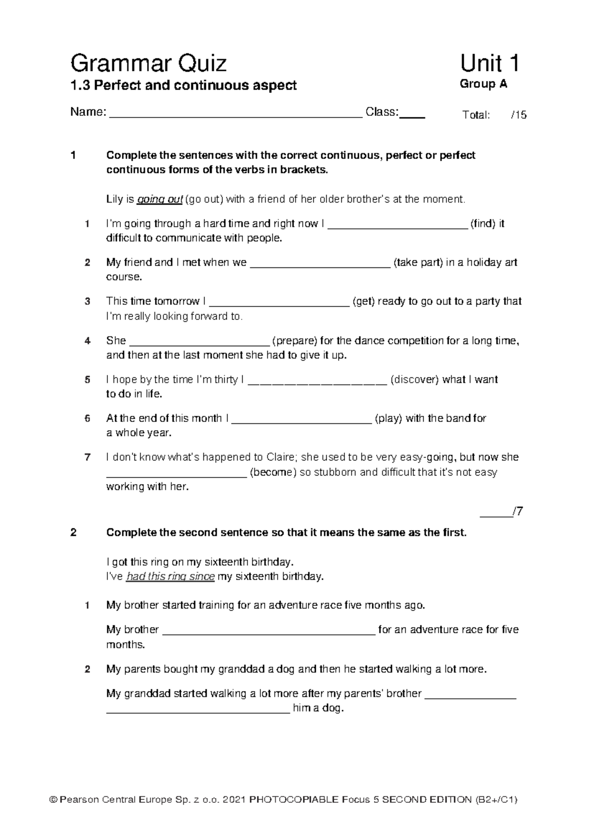 Focus 5 2E Grammar Quiz Unit 1.3: Perfect & Continuous Aspects - Studocu