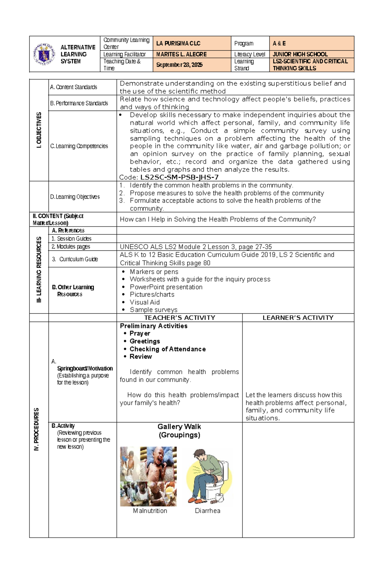 Alegre ALS LS2 DLP1: Addressing Community Health Issues Through Inquiry ...