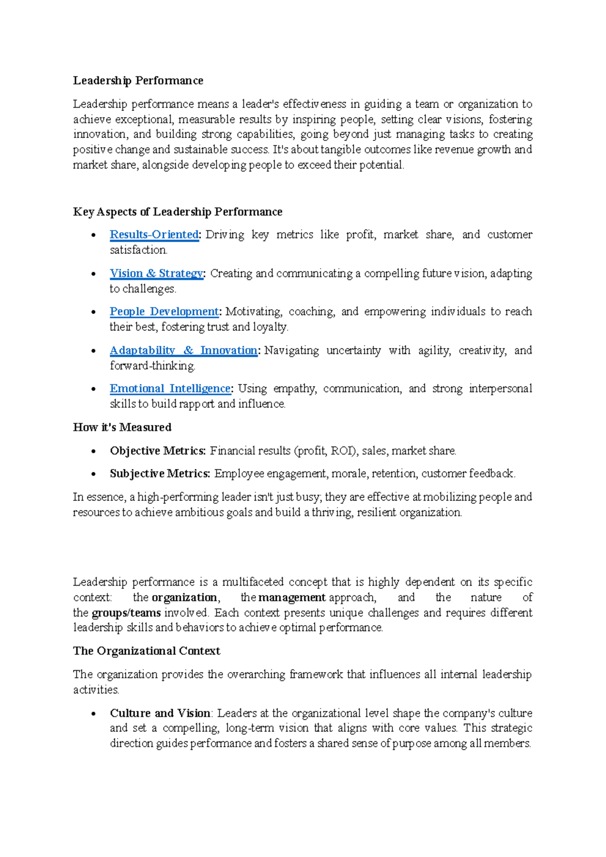 Leadership Performance: Key Aspects and Team Dynamics Analysis - Studocu