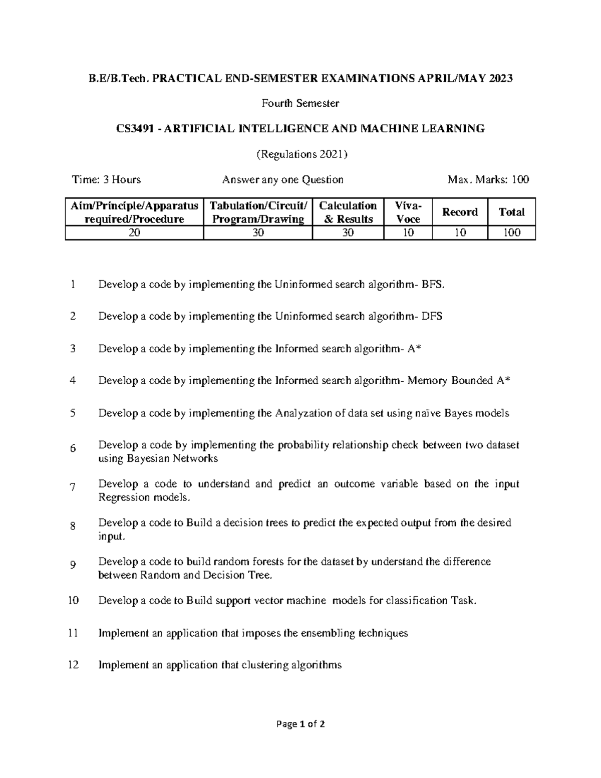 CS3491 - Artificial Intelligence Lab Practical Question Set for Colleges - Studocu