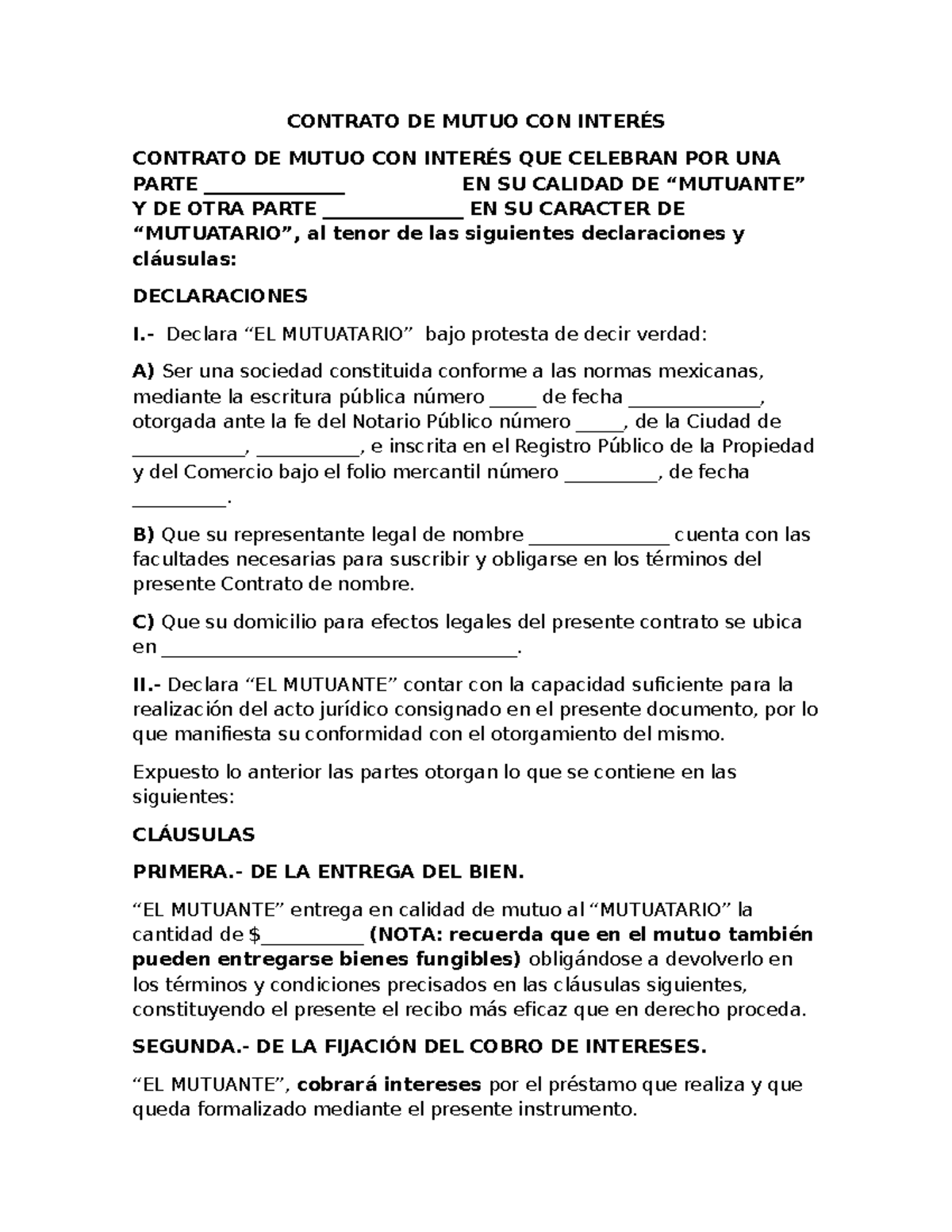 Contrato de Mutuo con Interés y Cláusulas Esenciales - Studocu