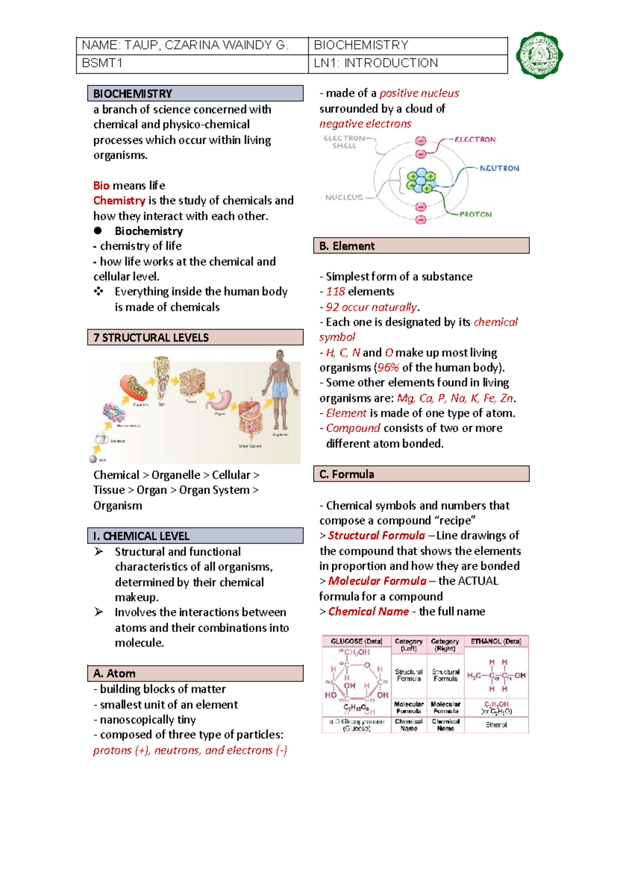 BSMT1 Biochemistry LN1: Introduction to Chemical Processes in Life ...