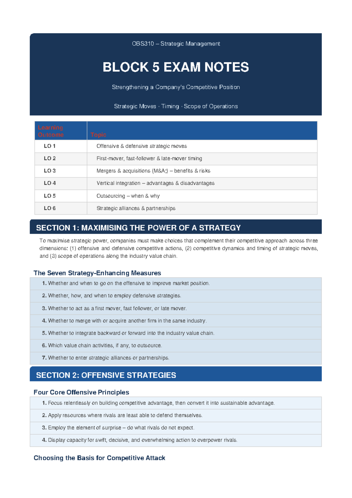 OBS310 Strategic Management Block 5 Exam Notes: Competitive Strategies ...