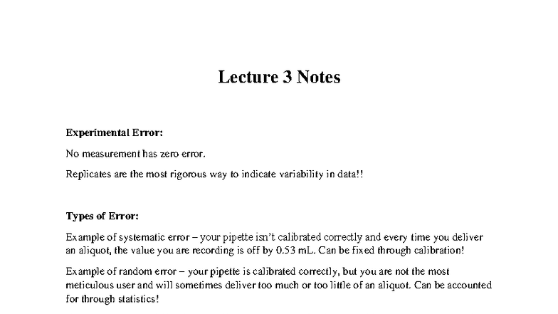 Chem2480 Lecture 3 Notes: Understanding Experimental Error - Studocu