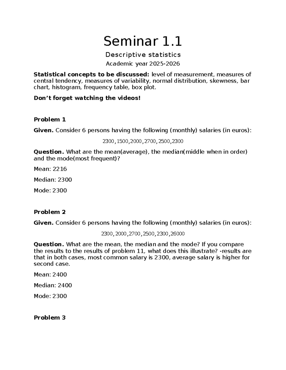 Seminar 1.1 Week 1: Descriptive Statistics & Data Analysis - Studeersnel