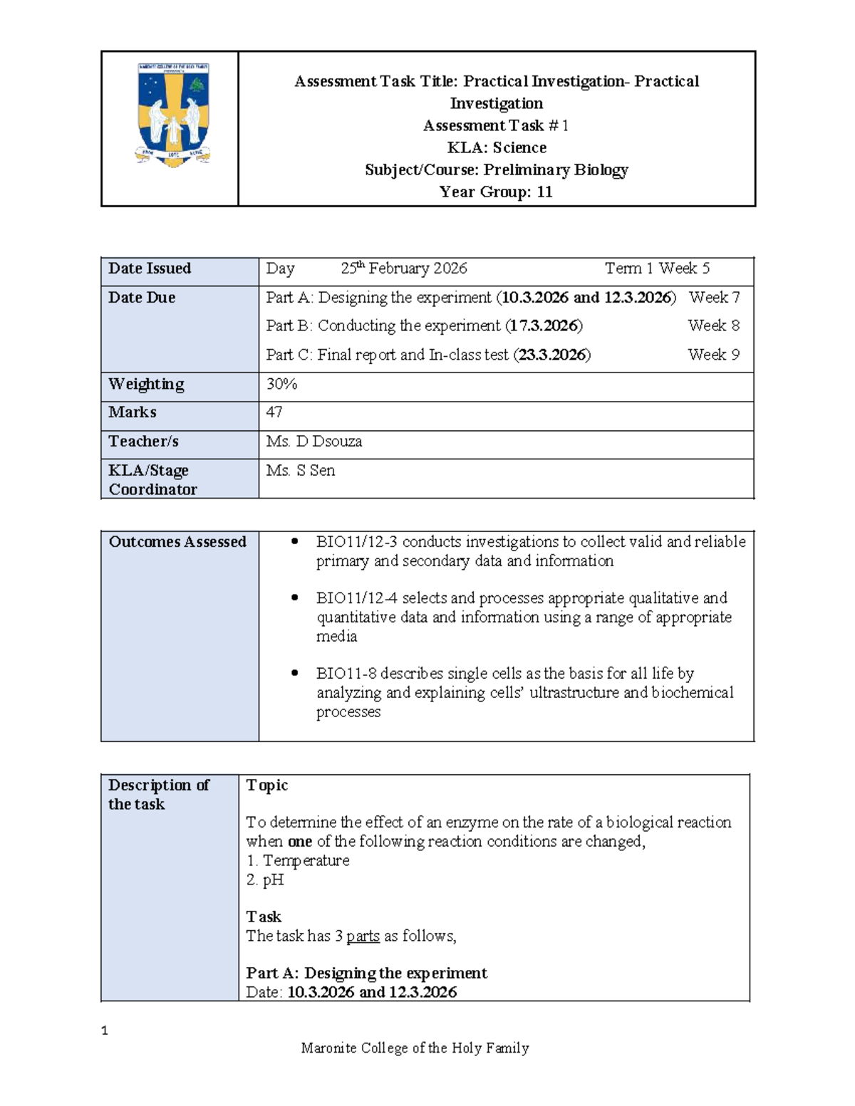 Year 11 Biology Practical Investigation Task 1 - 2026 - Studocu