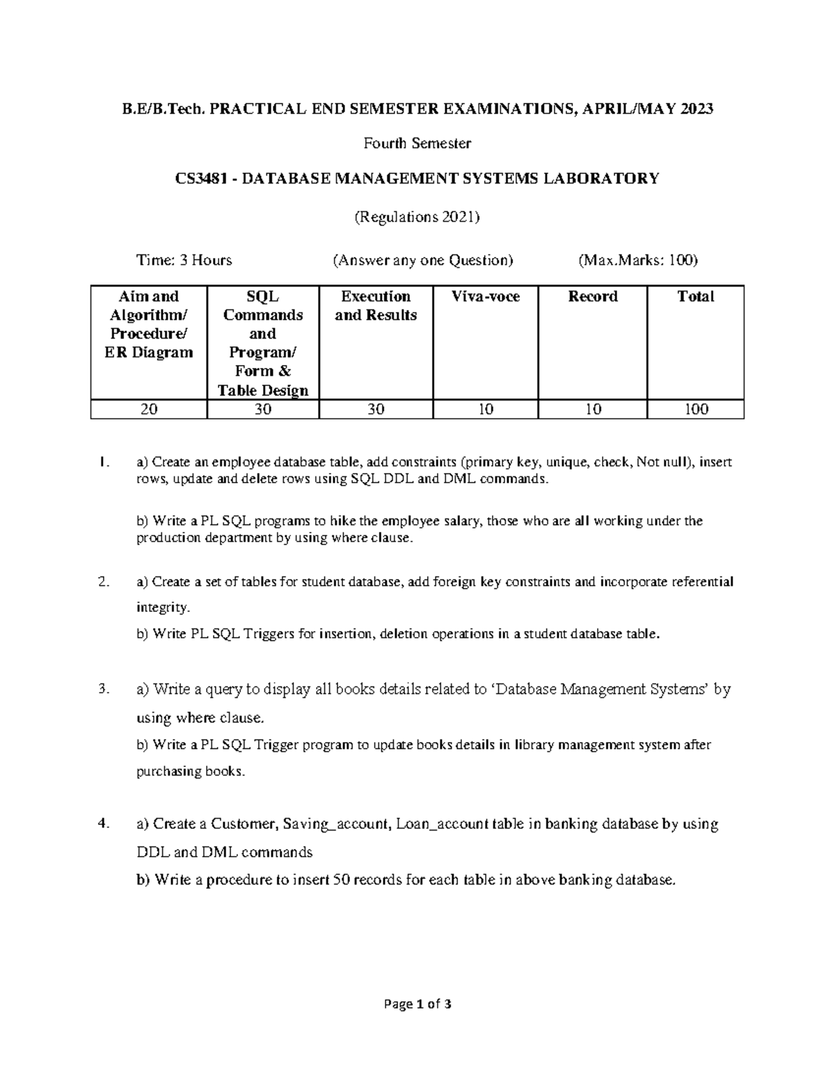 CS3481 DATABASE MANAGEMENT SYSTEMS LAB - END SEMESTER EXAM 2023 - Studocu