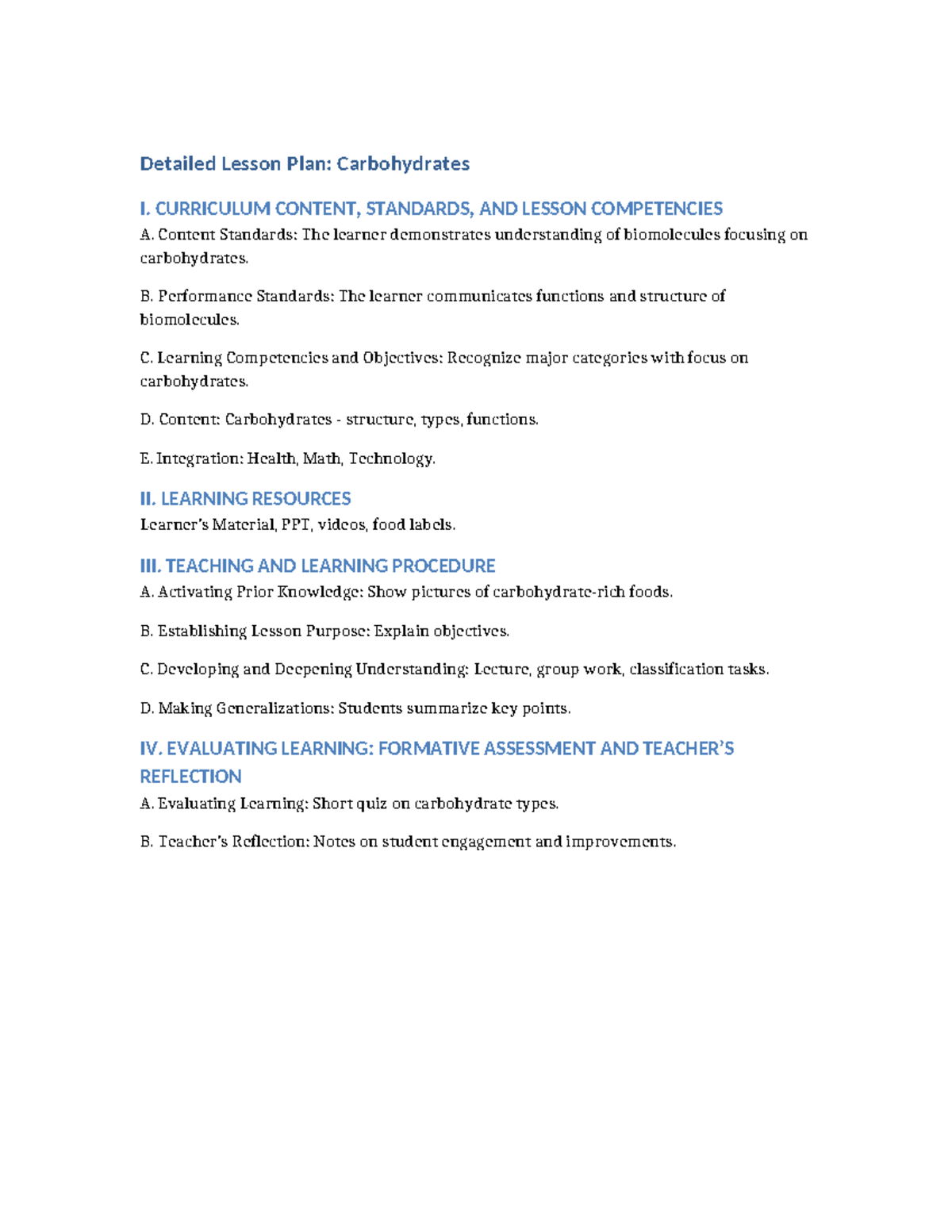 Carbohydrates Lesson Plan: Curriculum & Competencies Overview - Studocu