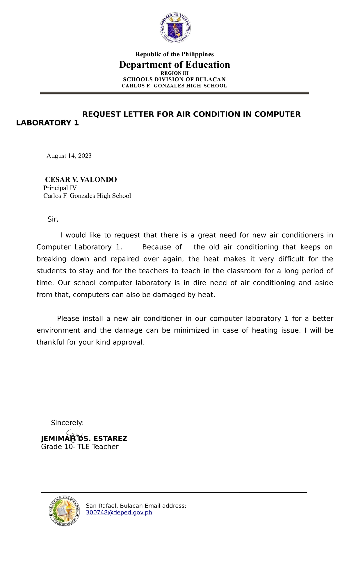 Request Letter for Air Conditioning in Computer Lab 1 - Studocu