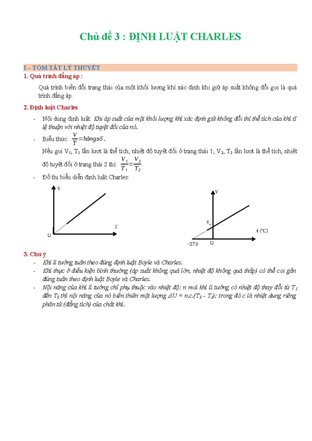 Chủ đề 3: Định Luật Charles - Tóm Tắt Lý Thuyết và Bài Tập - Studocu
