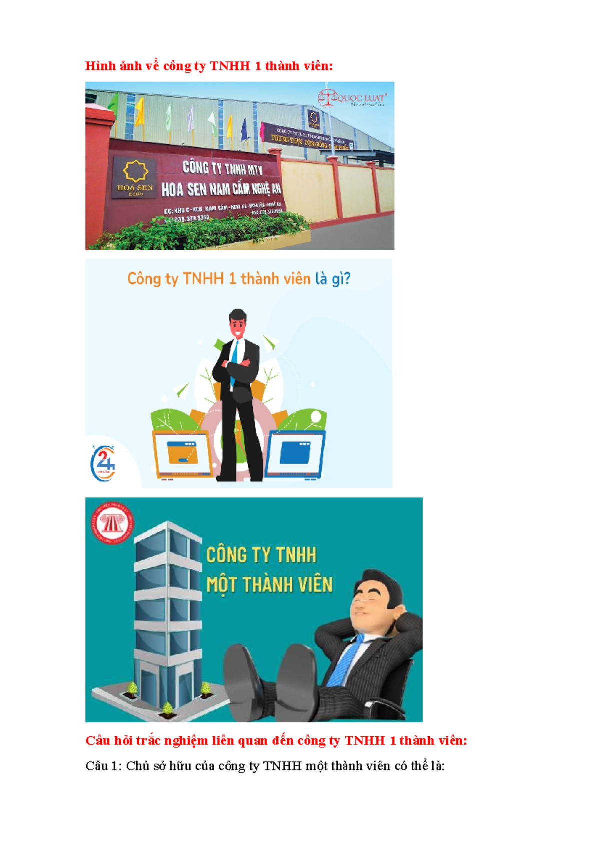 Câu hỏi trắc nghiệm về Công ty TNHH 1 thành viên - Hhh - Studocu
