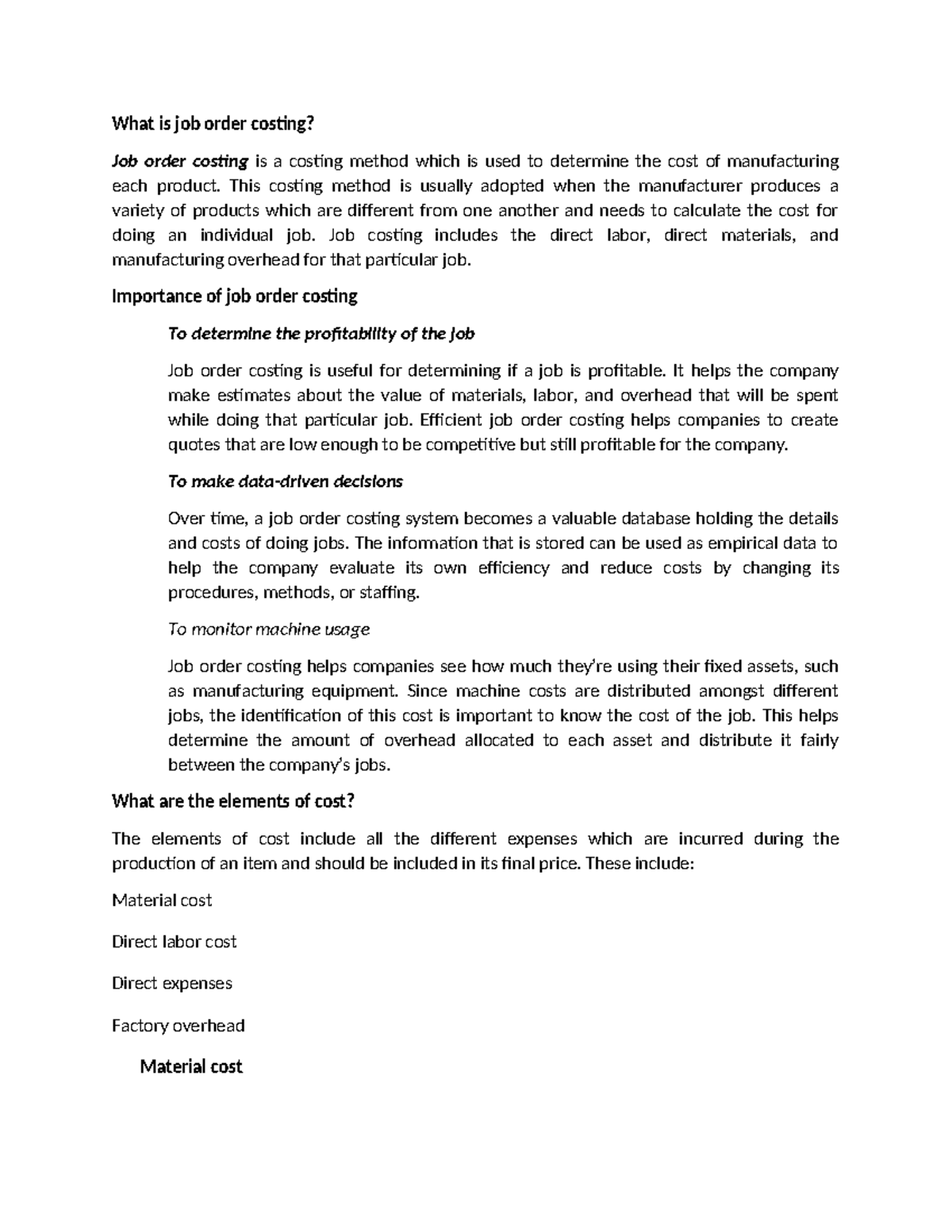Job Costing Explained: Importance & Elements of Cost - Studocu