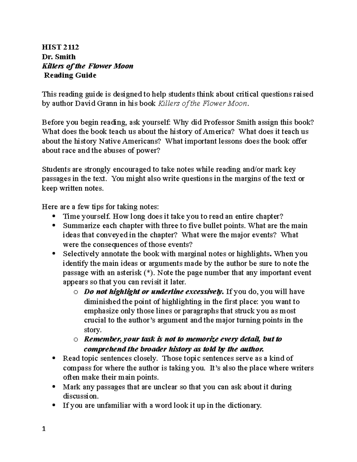 Killers of the Flower Moon Reading Guide - HIST 2112 Dr. Smith Killers ...